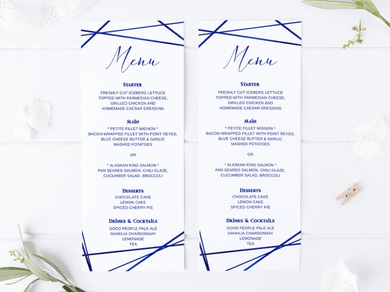 Editable Royal Blue Menu Card Template (Wedding, Bridal Shower, Dinner ...