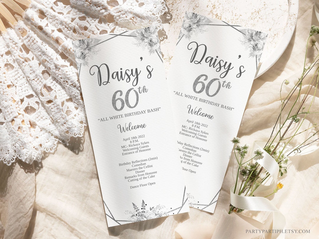 Editable Silver Program Card Template (wedding Bridal Shower Dinner ...