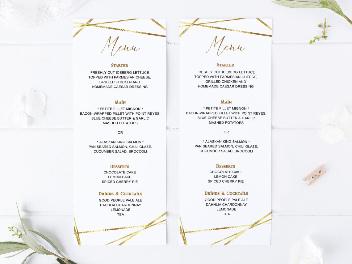 Editable Gold Frame Wedding Menu Card Template Instant Download Dinner ...