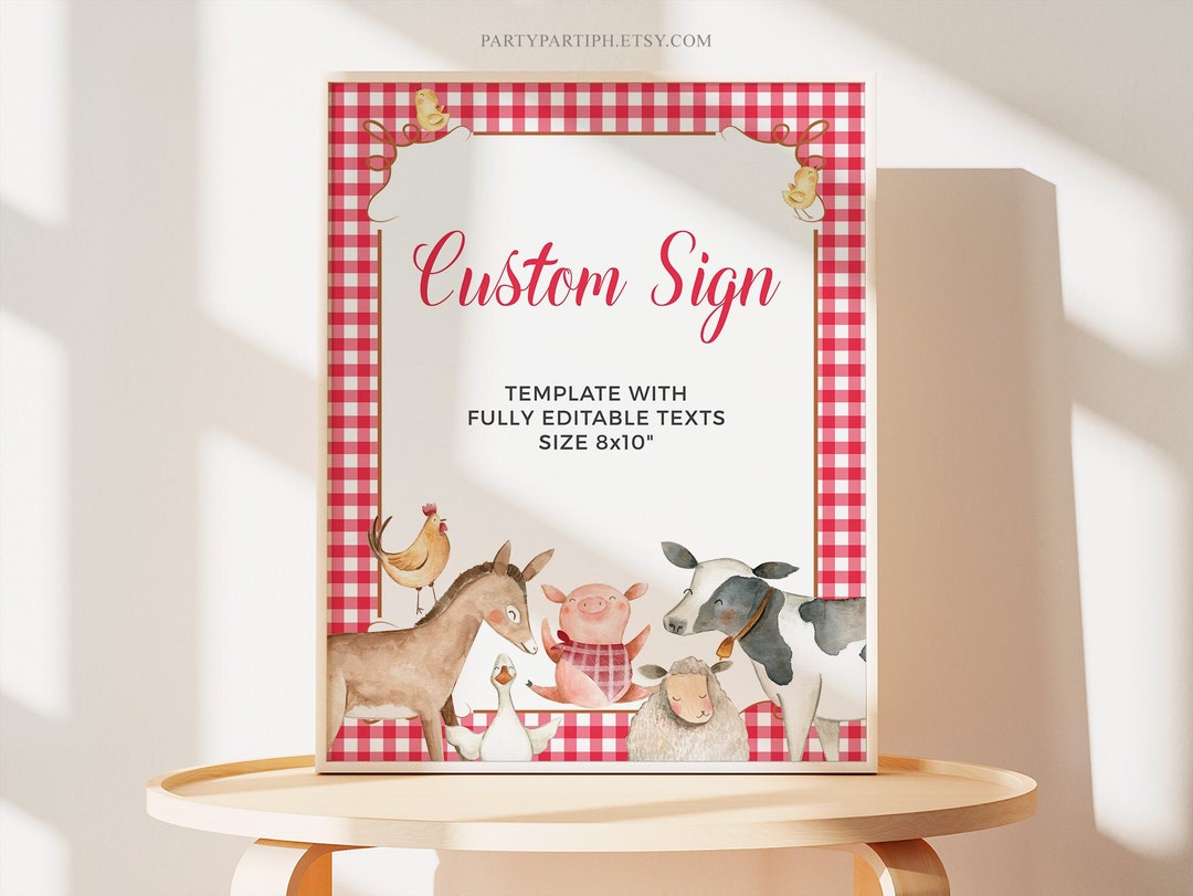 EDITABLE Farm Animals Digital Custom Sign for Party Instant Download ...