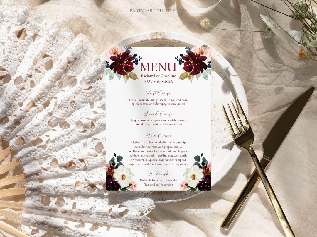 EDITABLE Burgundy Wedding Menu Card 5x7 Template Instant Download ...