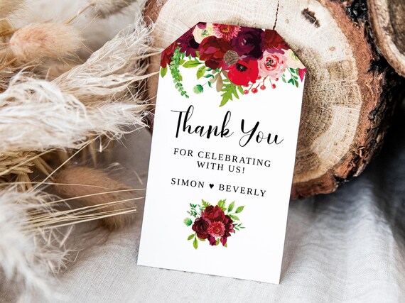 EDITABLE Boho Burgundy floral Favor Tag, Chic Floral Tag Rustic Floral ...