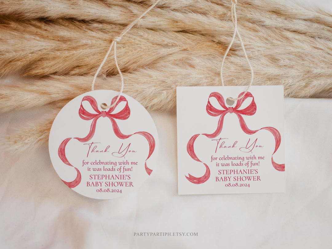 EDITABLE Red Bow Round Baby Shower Favor Tag Template Cute Girl Bow ...