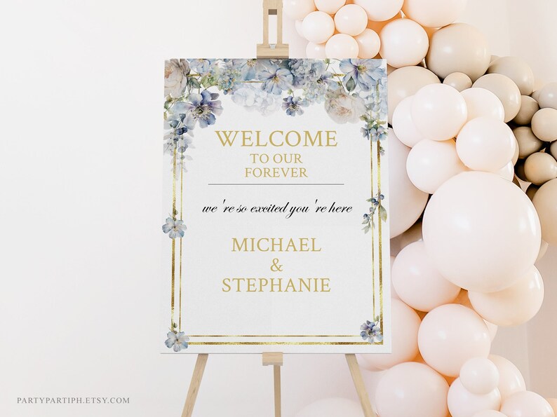 Editable Blue Flowers Wedding Welcome Sign Template Gold Frame Large ...