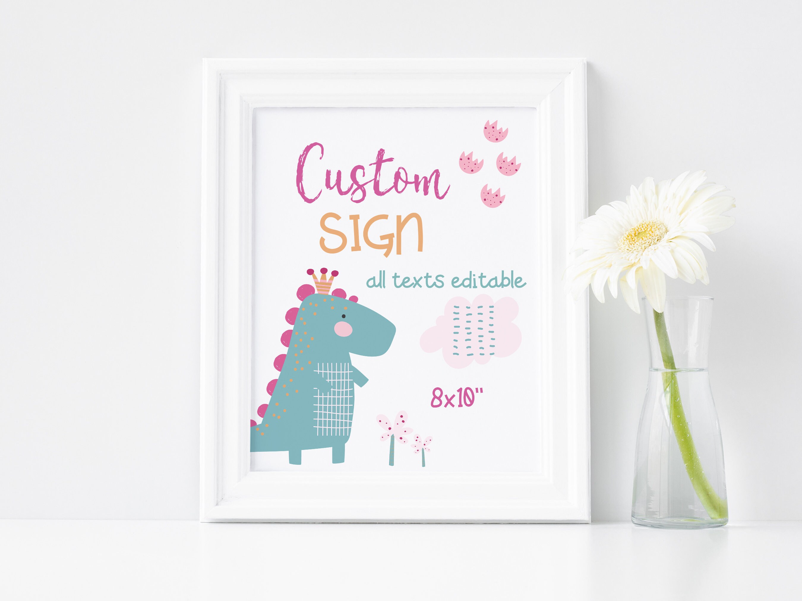 Editable Girl Dinosaur Custom Sign Dinosaur Birthday Sign Watercolor ...