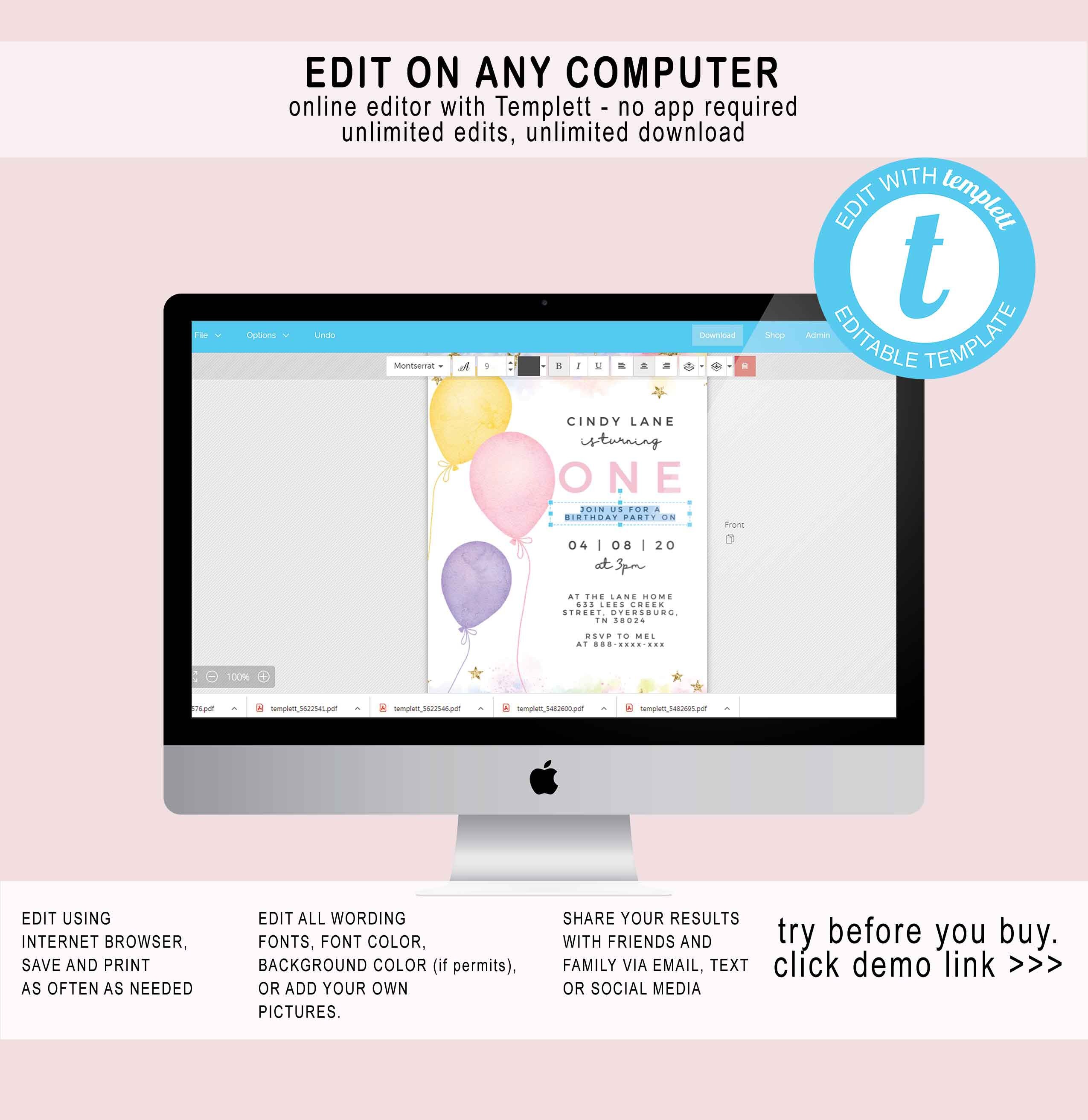 Editable Balloon Birthday Invitation Girl Balloon Party | Etsy