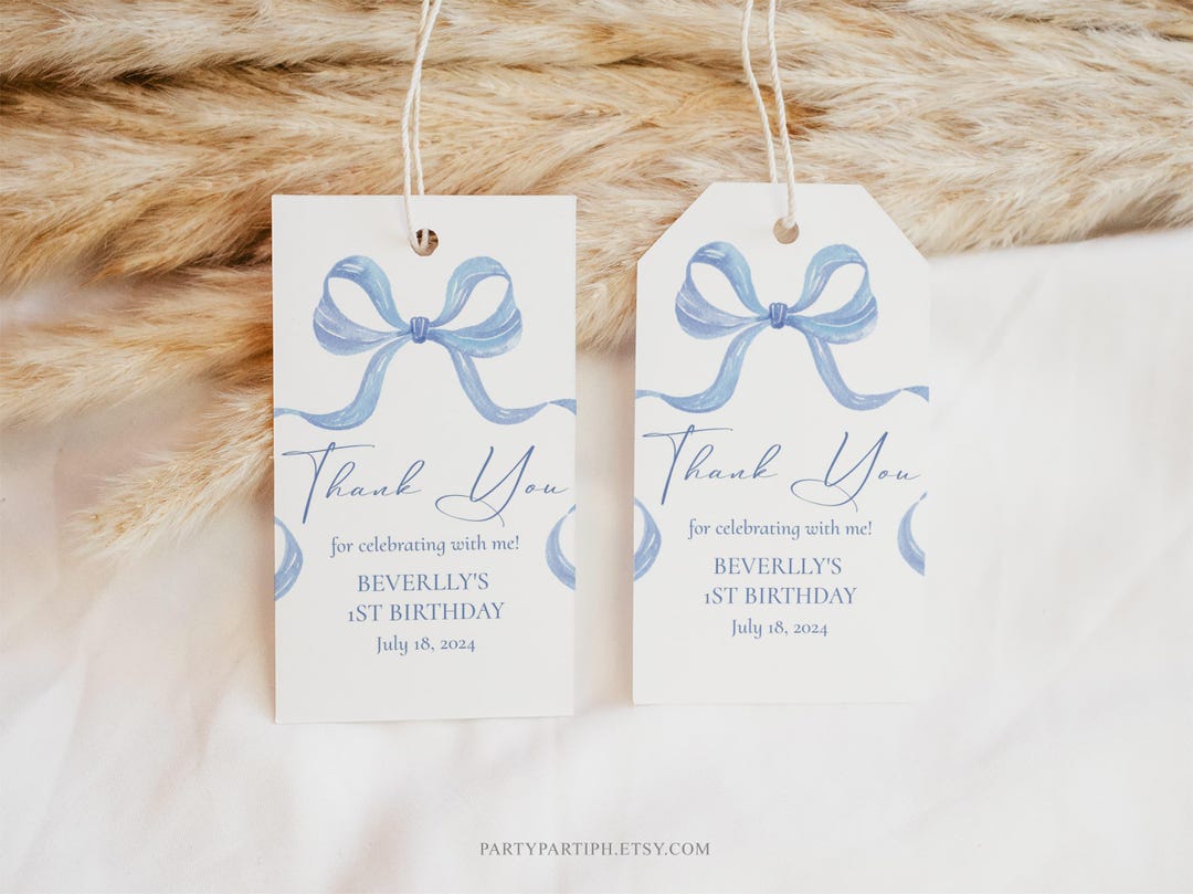 Editable Blue Bow Birthday Thank You Tags Template Cute Girl Bow Gift ...
