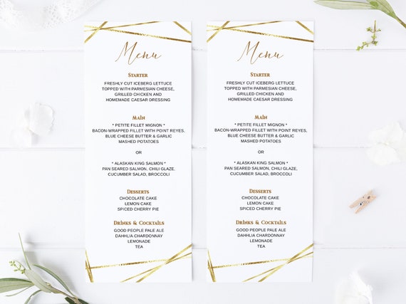 Editable Gold Menu Card Template (Wedding, Bridal Shower, Dinner ...