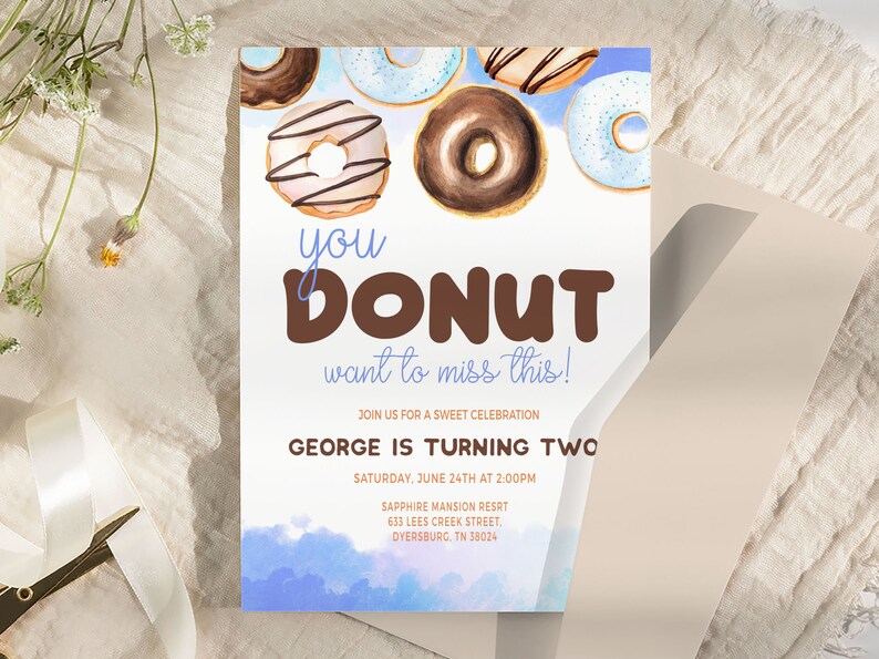 Editable Donut Birthday Invitation Template Blue Birthday Invitation ...