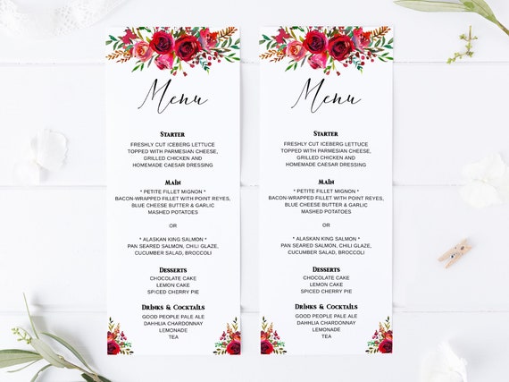Editable Red Menu Card Template (Wedding, Bridal Shower, Dinner, Brunch ...