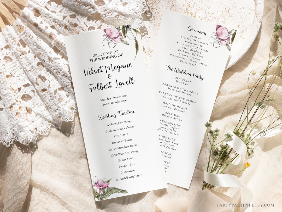 Editable Magnolia Wedding Program Card Template 4x9" Summer Purple ...
