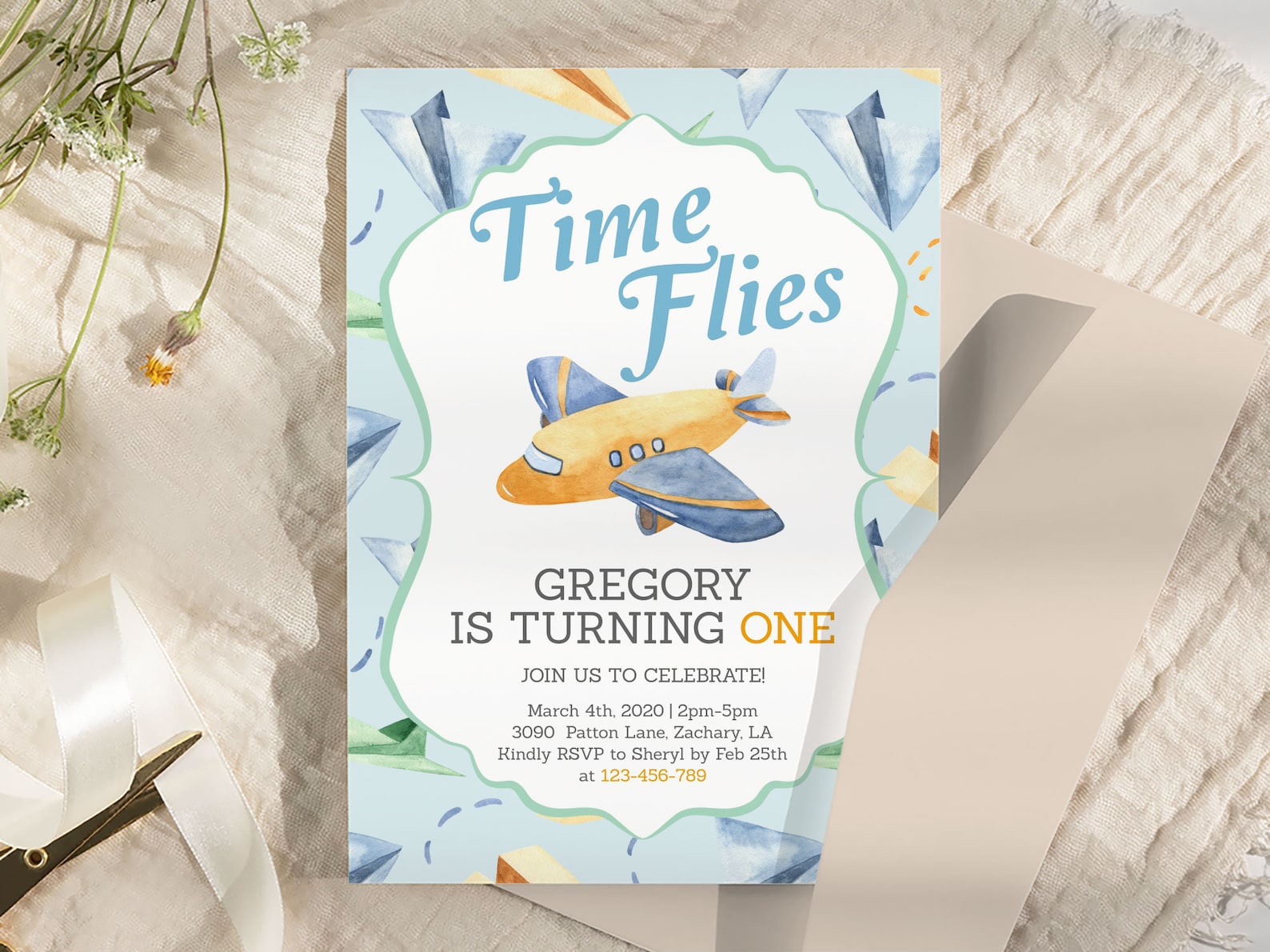 Editable Airplane Birthday Invitation Template Blue and White Aircraft ...