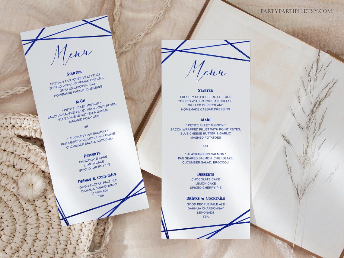 Editable Royal Blue Wedding Menu Card Template Dinner Minimalist Menu ...