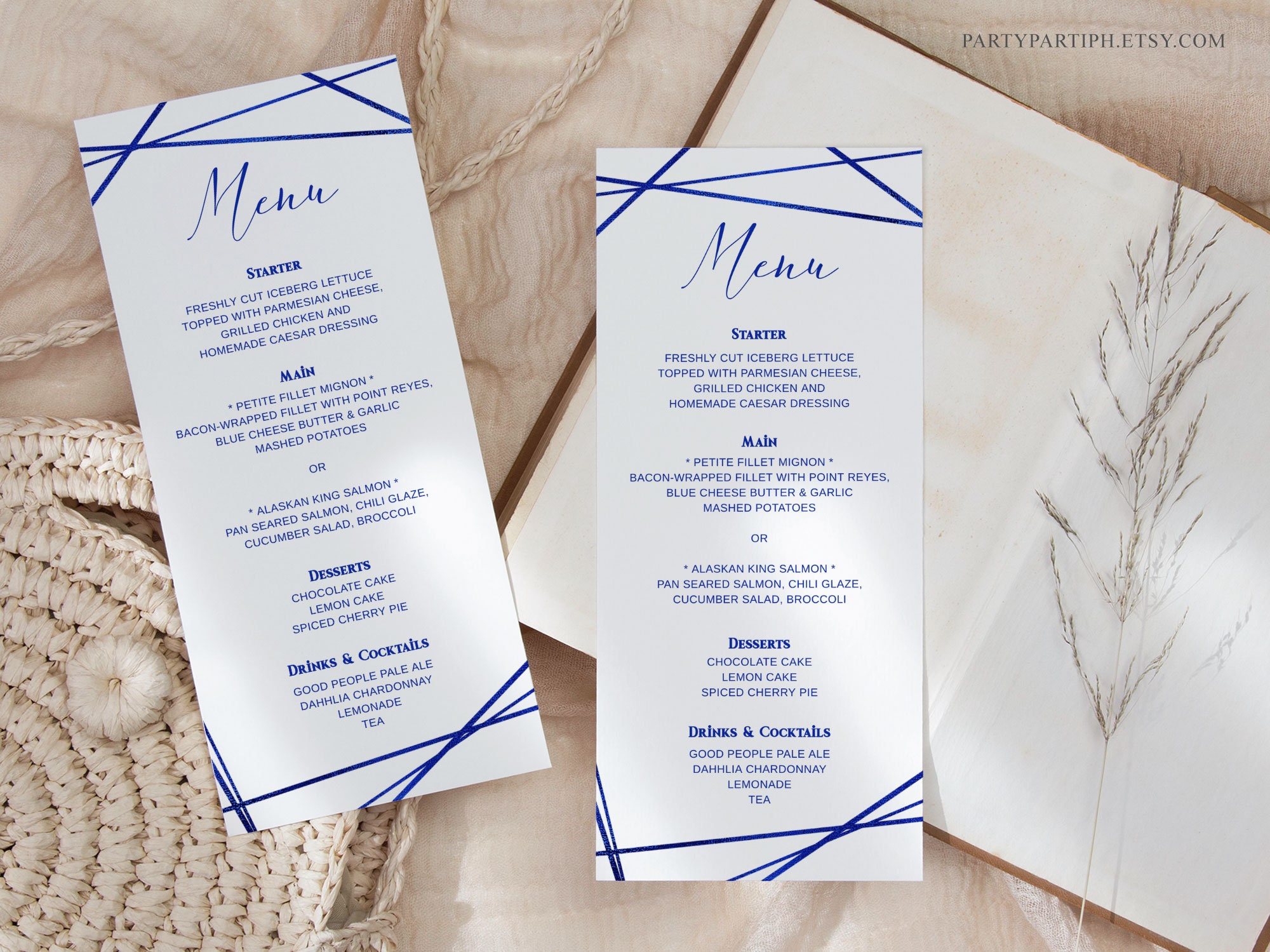 Editable Royal Blue Wedding Menu Card Template Dinner Minimalist Menu ...