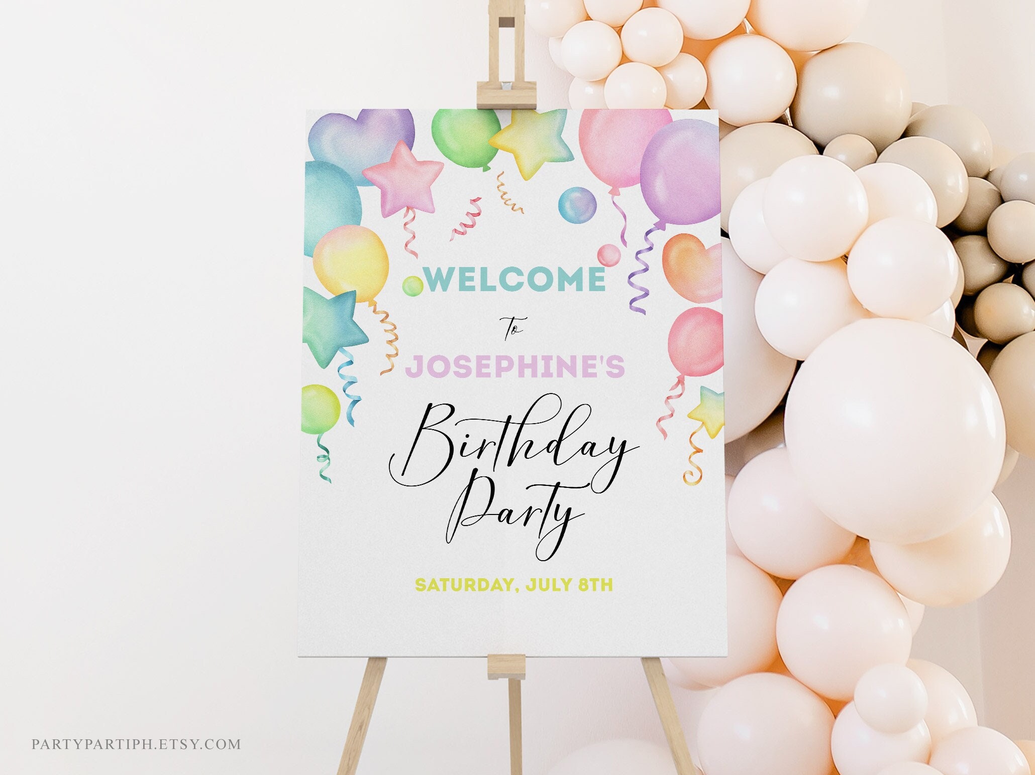 EDITABLE Rainbow Balloons Birthday Welcome Sign Template Pastel ...