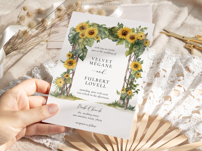 Editable Sunflower Wedding Invitation Template Elegant Yellow Rustic Flowers Wedding Invitation ...