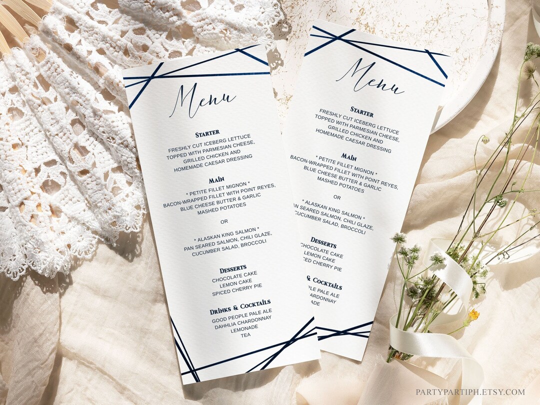 Editable Navy Blue Frame Wedding Menu Card Template Instant Download ...
