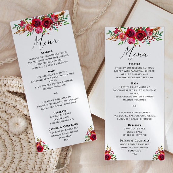 Editable Red Menu Card Template (Wedding, Bridal Shower, Dinner, Brunch ...