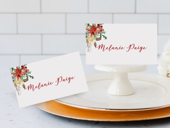 Editable Christmas Place Card Template, Poinsettia Place Card ...