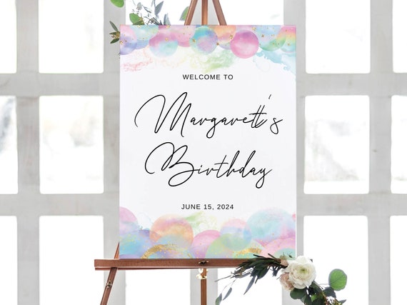 Editable Rainbow Bubble Birthday Welcome Sign, Pastel First Birthday ...