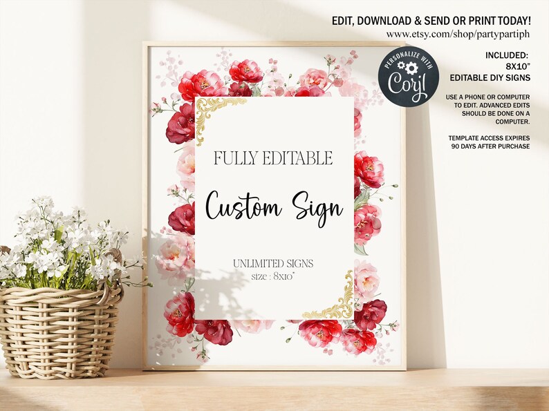 EDITABLE Blush Red Sign Template Garden Theme Wedding Custom - Etsy