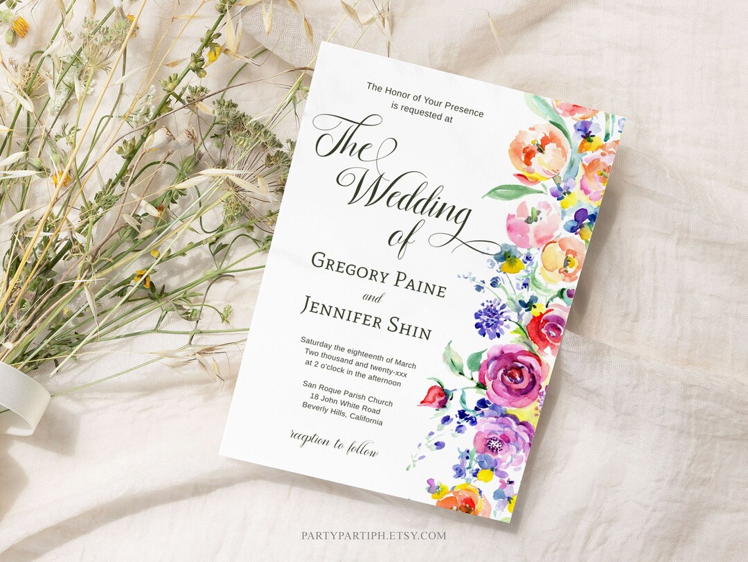 EDITABLE Colorful Flowers Wedding Invitation Garden Flowers Wedding ...