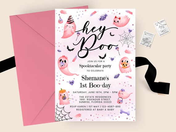 Editable Hey Boo Halloween Pink Ghost Birthday Invitation Hey Boo Girly ...