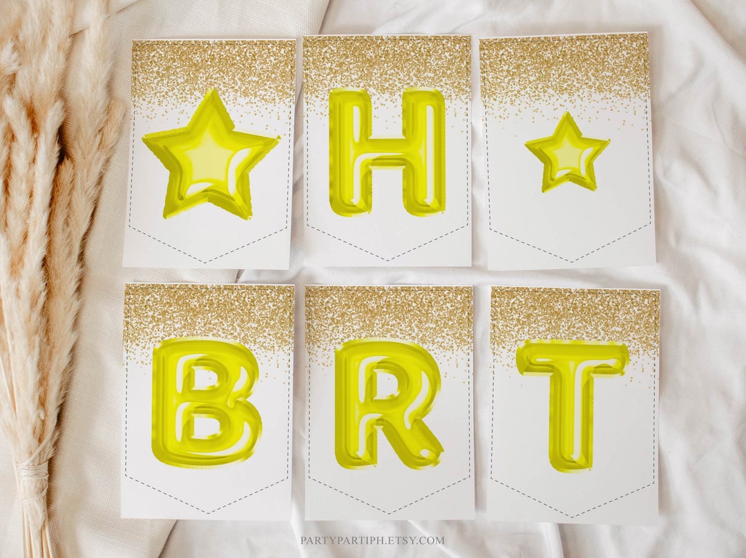 Printable Gold Glitter Happy Birthday Party Banner Yellow Foil Balloon ...