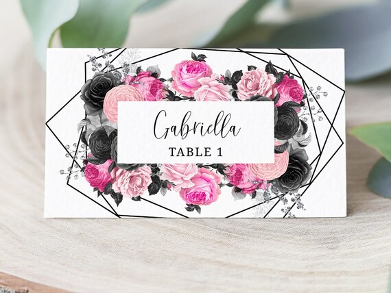 EDITABLE Hot Pink and Black Place Card, Black Pink Table Name Card ...