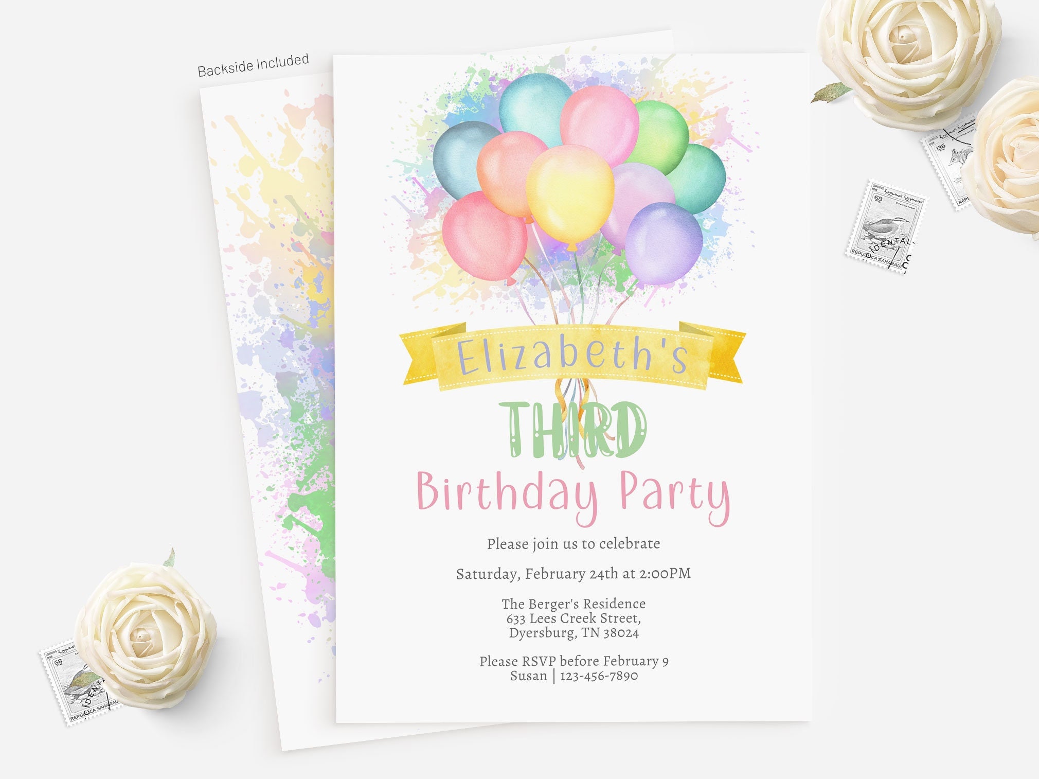 Editable Watercolor Pastel Rainbow Balloons Birthday Invitation Rainbow ...
