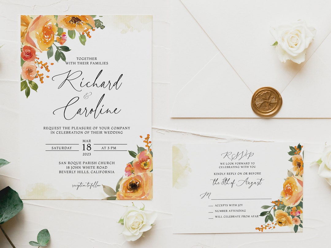 EDITABLE Orange Wedding Invitation Template 2pc Set Garden Wedding ...