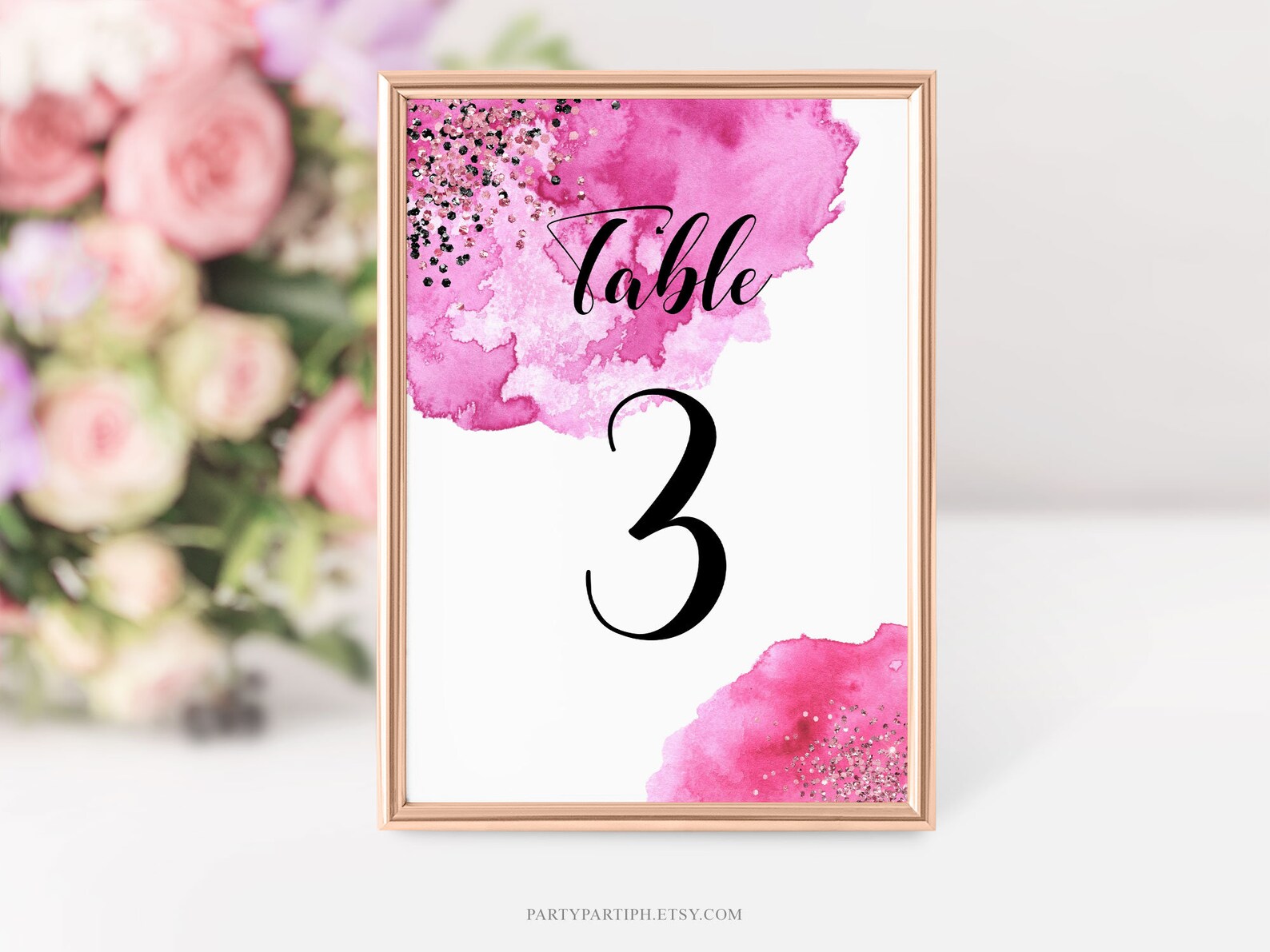 EDITABLE Hot Pink and Black Glitter Flower Wedding Table Numbers ...