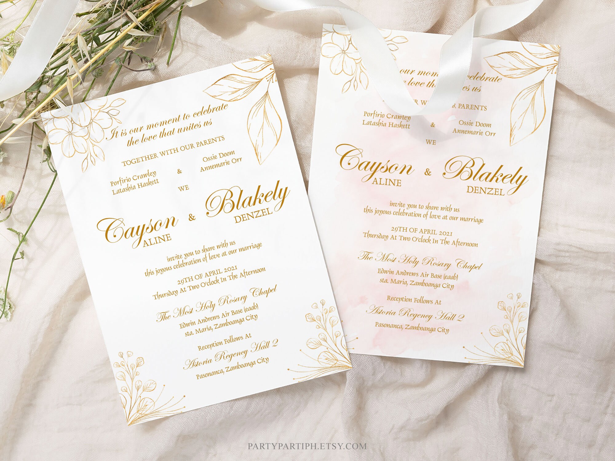 Editable Gold Wedding Invitation Set Blush Pink and Gold Wedding ...