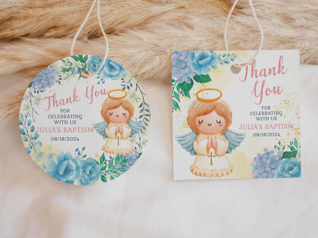 EDITABLE Angel Baptism Round Favor Tag Angel Christening Square Gift ...