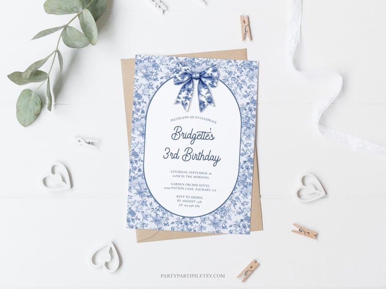 EDITABLE Blue Toile Birthday Invitation Template Blue Florals Birthday ...