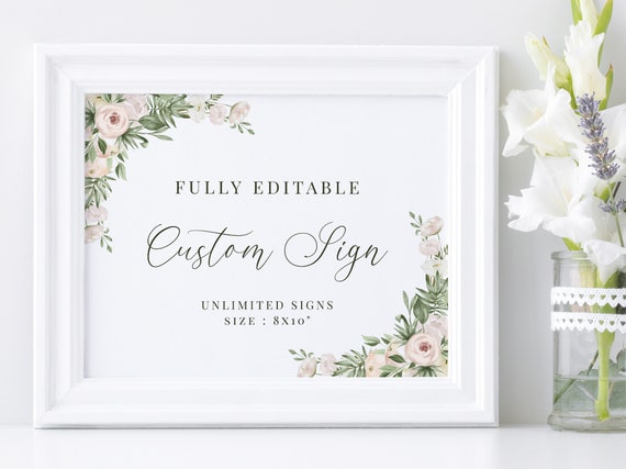 EDITABLE creamy Rose Sign Template, Garden Theme Wedding Custom Table ...