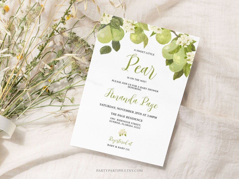 Editable Pear Baby Shower Invitation Fruit Watercolor Baby Shower Pear ...