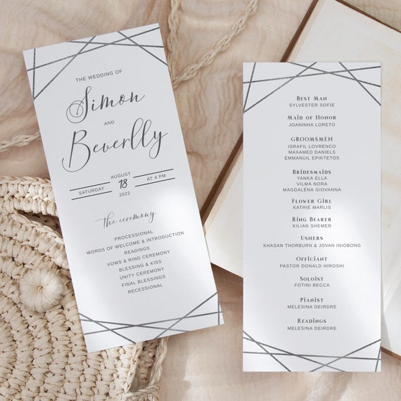 Editable Silver Program Card Template wedding Bridal Shower - Etsy