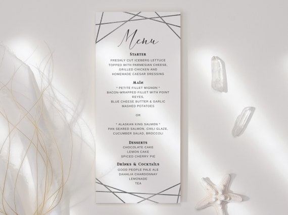 Editable Silver Menu Card Template (Wedding, Bridal Shower, Dinner ...
