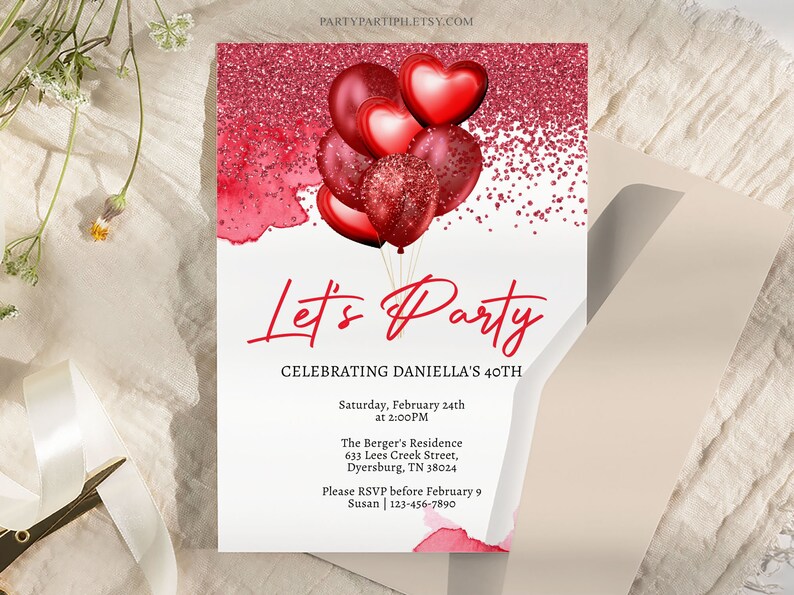 EDITABLE Red Heart Balloons Birthday Invitation Template Red Shimmers ...