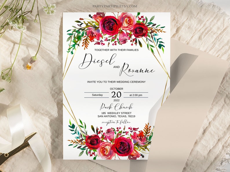 Editable Red Flowers Wedding Invitation Set Template Instant Download ...
