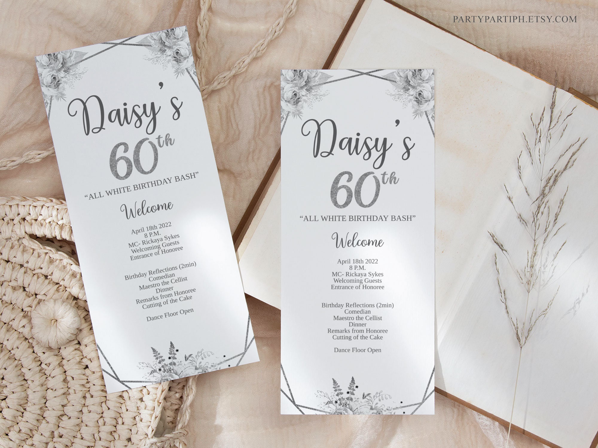 Editable Silver Program Card Template (wedding Bridal Shower Dinner ...