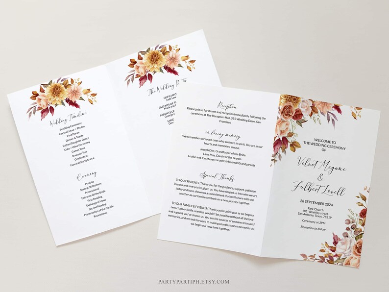 Editable Fall Autumn Wedding Program 5.5x7" Template Folded Rustic ...