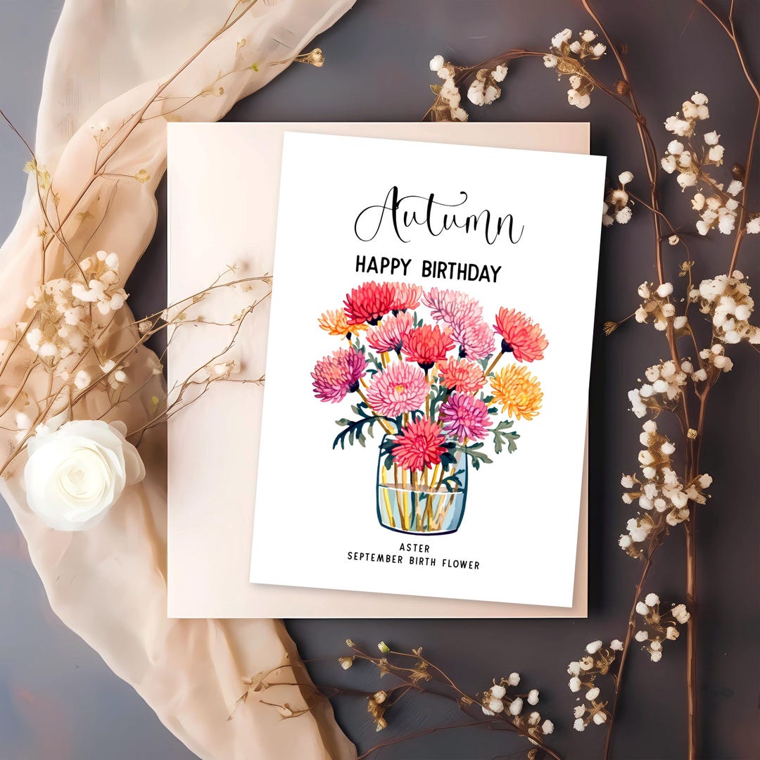 Aster September Birth Flower Birthday Card: Editable Template, 0093 - Etsy
