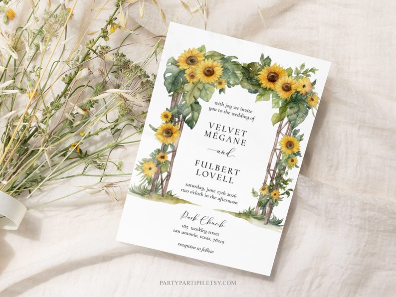 Editable Sunflower Wedding Invitation Template Elegant Yellow Rustic Flowers Wedding Invitation ...