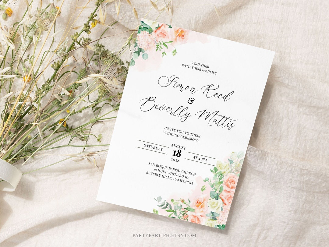 EDITABLE Peach Rose Wedding Invitation Template Peach Flowers Wedding ...