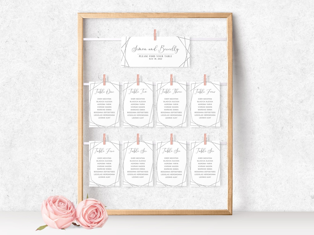 EDITABLE Silver Geometric Wedding Seating Table Cards Find Your Table ...