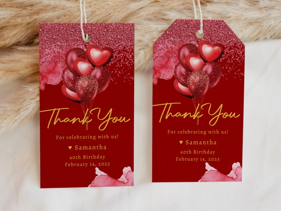 Editable Red Hearts Balloons Birthday Favor Tags Red Glittered Balloons ...