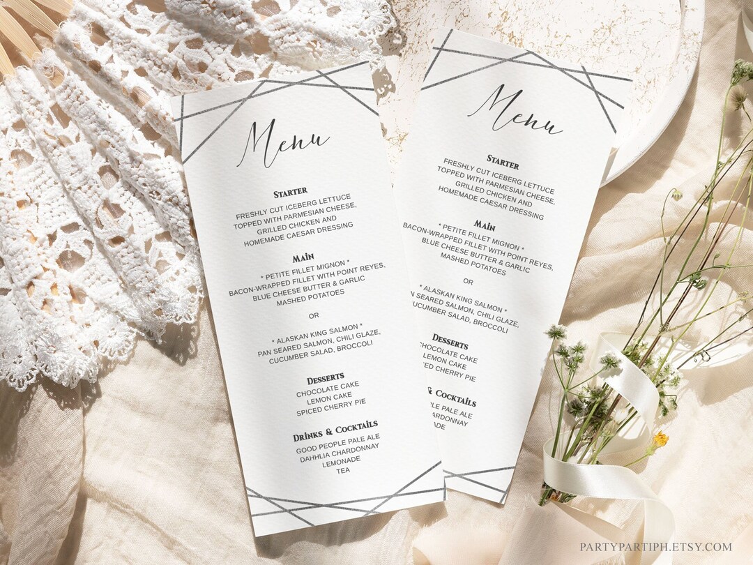 Editable Silver Frame Wedding Menu Card Template Instant Download ...