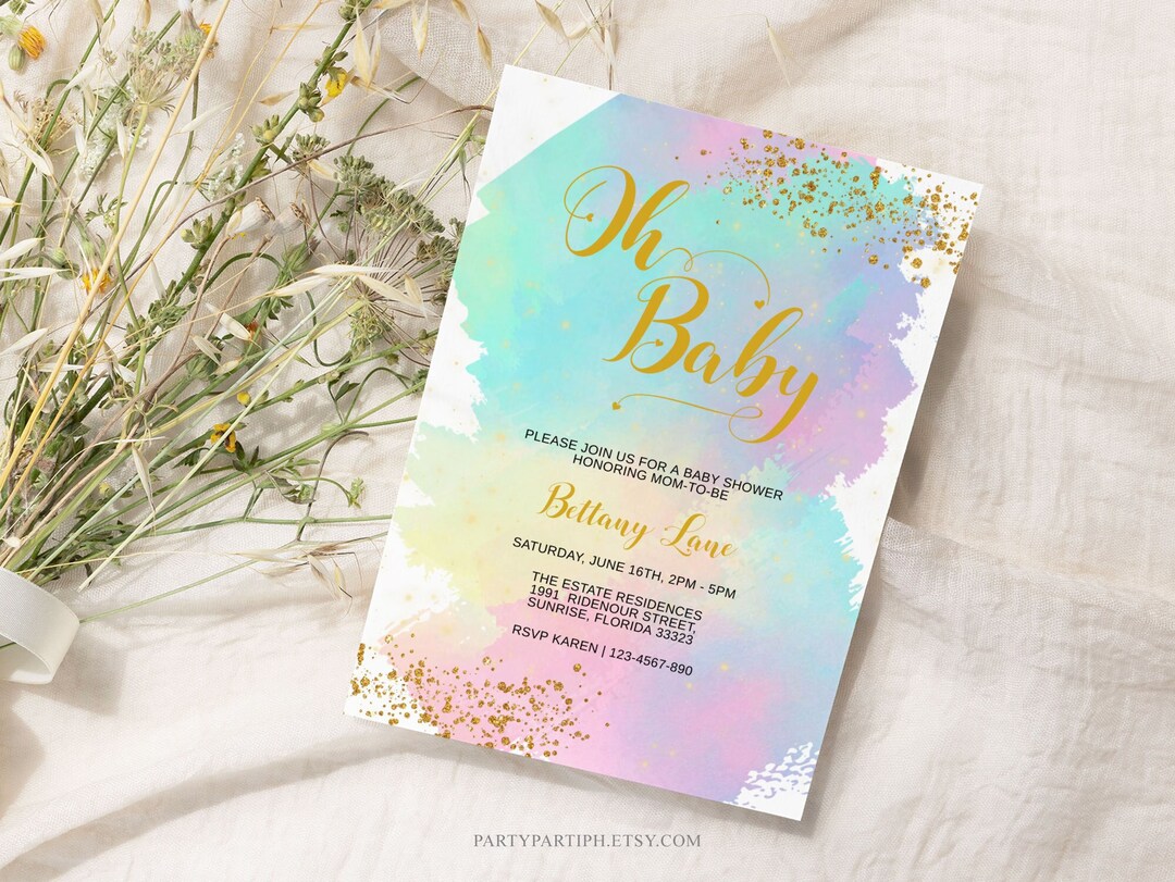 Editable Rainbow Baby Shower Invitation Template Pastel Watercolor Baby ...